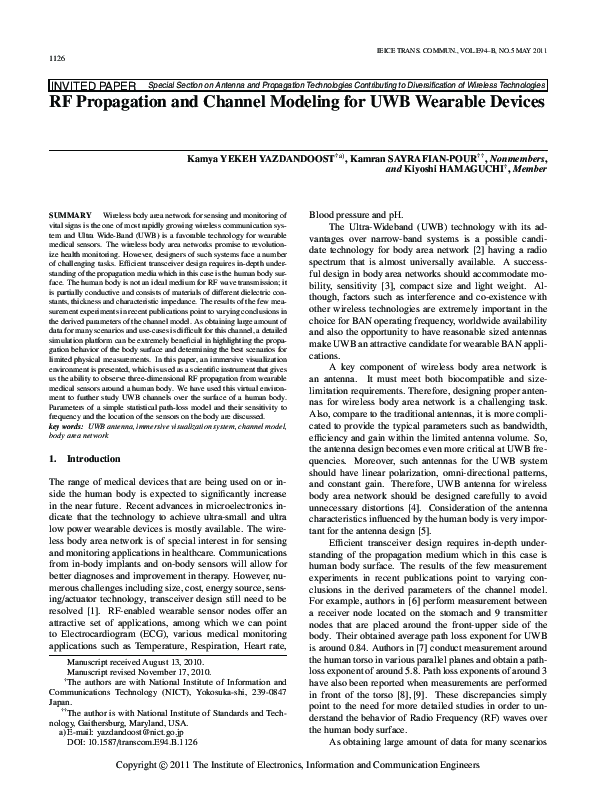 (PDF) RF Propagation and Channel Modeling for UWB Wearable Devices