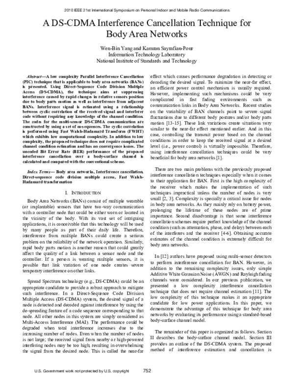 (PDF) A DS-CDMA Interference Cancellation technique for body area networks