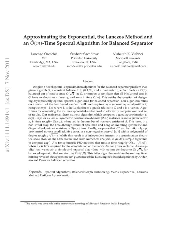 Pdf Approximating The Exponential The Lanczos Method And An Õm Time Spectral Algorithm For