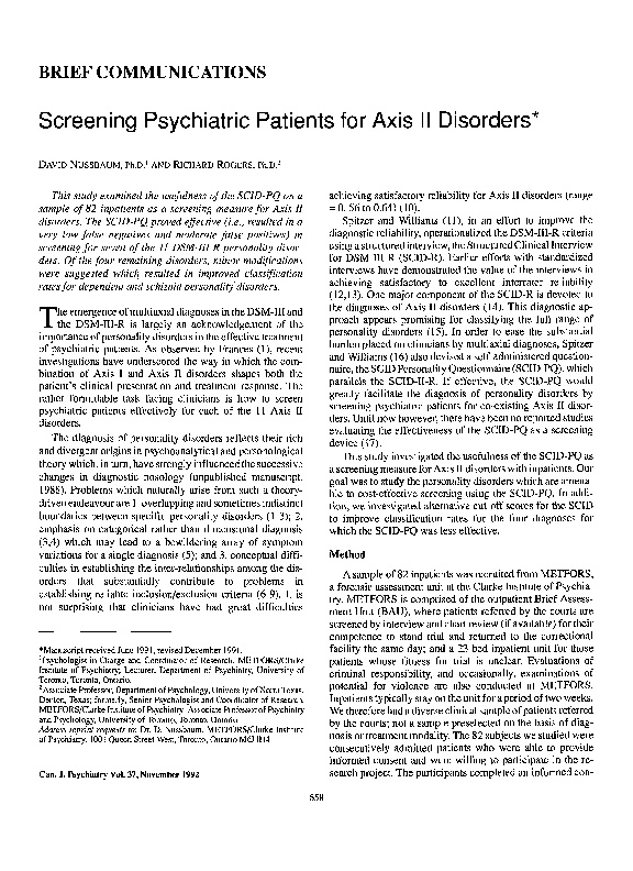 (PDF) Screening Psychiatric Patients for Axis II Disorders*