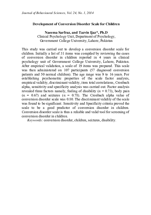 (PDF) Development of Conversion Disorder Scale for Children