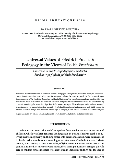 (PDF) Universal Values of Friedrich Froebel’s Pedagogy in the Views of Polish Froebelians