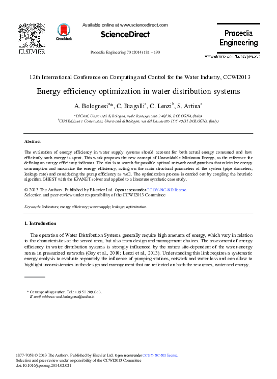 Pdf Energy Efficiency Optimization In Water Distribution Systems