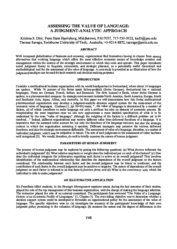 (PDF) Assessing the value of language: a judgement-analytic approach