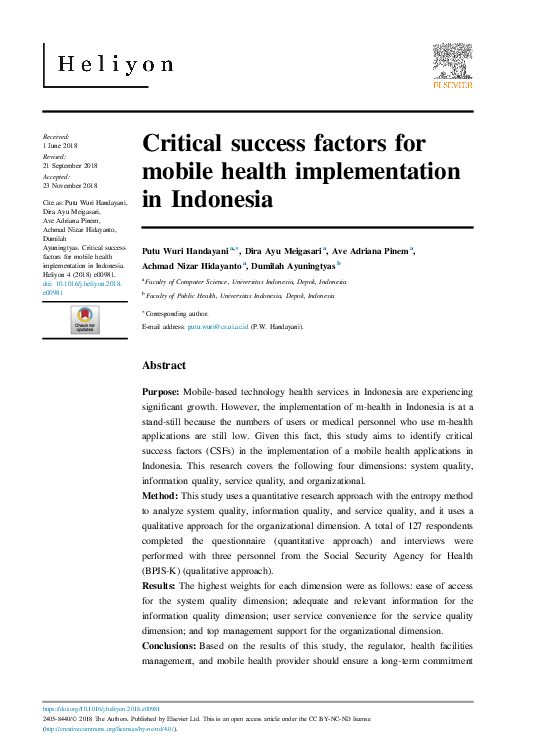 (PDF) Critical success factors for mobile health implementation in Indonesia