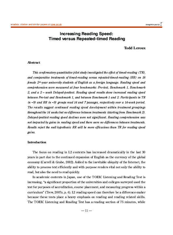 (PDF) Increasing Reading Speed: Timed versus Repeated-timed Reading