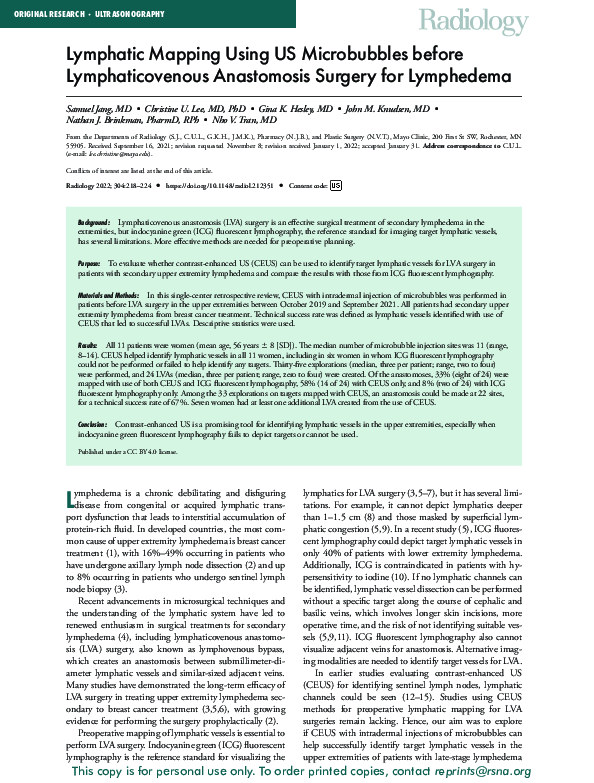 (PDF) Lymphatic Mapping Using US Microbubbles before Lymphaticovenous ...