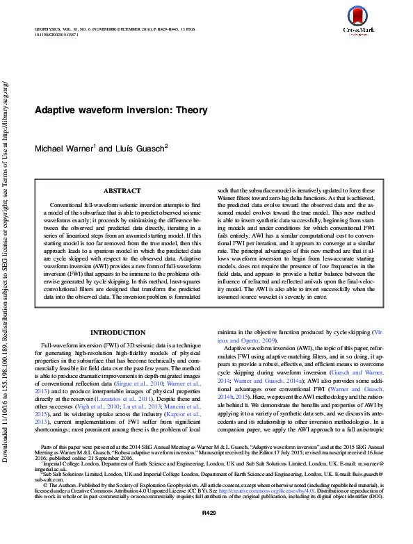 Pdf Adaptive Waveform Inversion Theory Mike Warner
