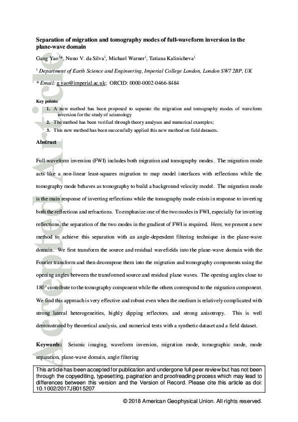 Pdf Separation Of Migration And Tomography Modes Of Full Waveform Inversion In The Plane Wave 2350