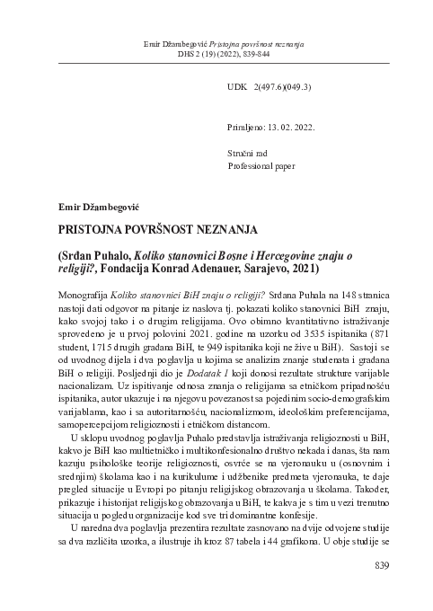 (PDF) PRISTOJNA POVRŠNOST NEZNANJA (Srđan Puhalo, Koliko stanovnici Bosne i Hercegovine znaju o ...