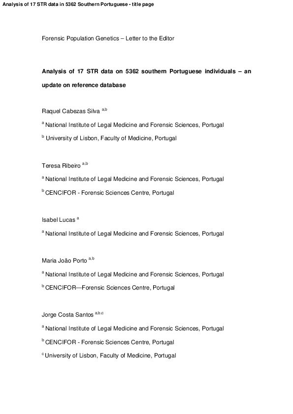 (PDF) Analysis of 17 STR data on 5362 southern Portuguese individuals—an update on reference ...