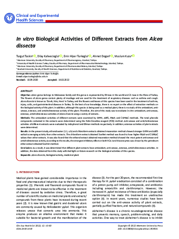 (PDF) In vitro Biological Activities of Different Extracts from Alcea dissecta