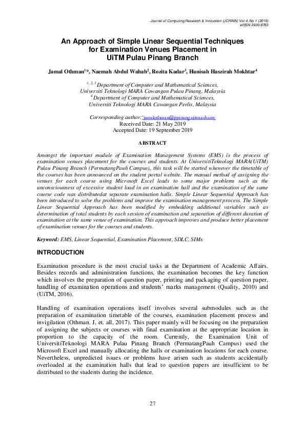 (PDF) Approach of Simple Linear Sequential Techniques for Examination Venues Placement in UiTM ...