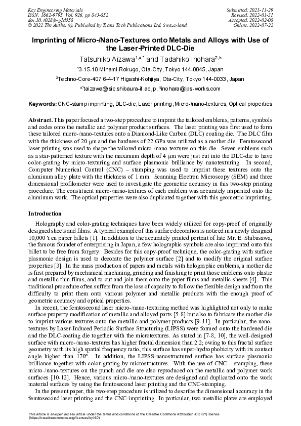 (PDF) Imprinting of Micro-/Nano-Textures onto Metals and Alloys with ...