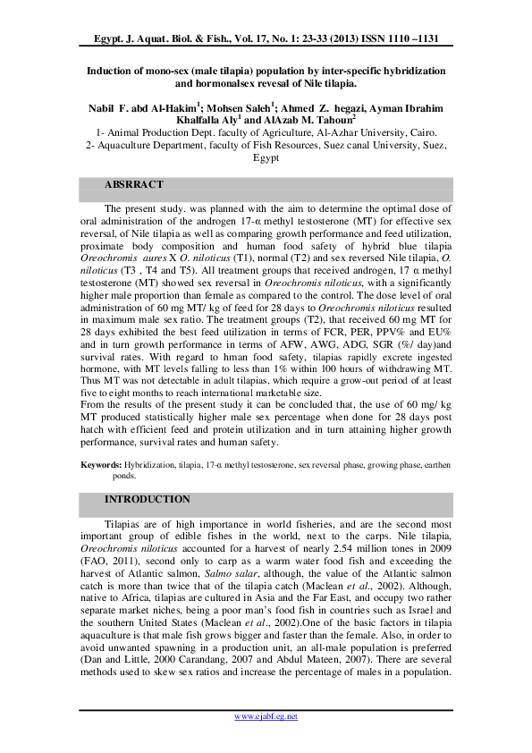 Pdf Induction Of Mono Sex Male Tilapia Population By Inter