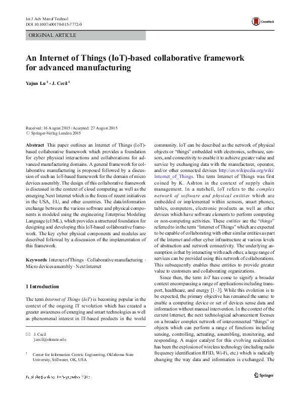 Pdf An Internet Of Things Iot Based Collaborative Framework For Advanced Manufacturing J
