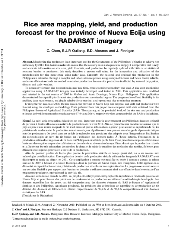 (PDF) Rice area mapping, yield, and production forecast for the province of Nueva Ecija using ...