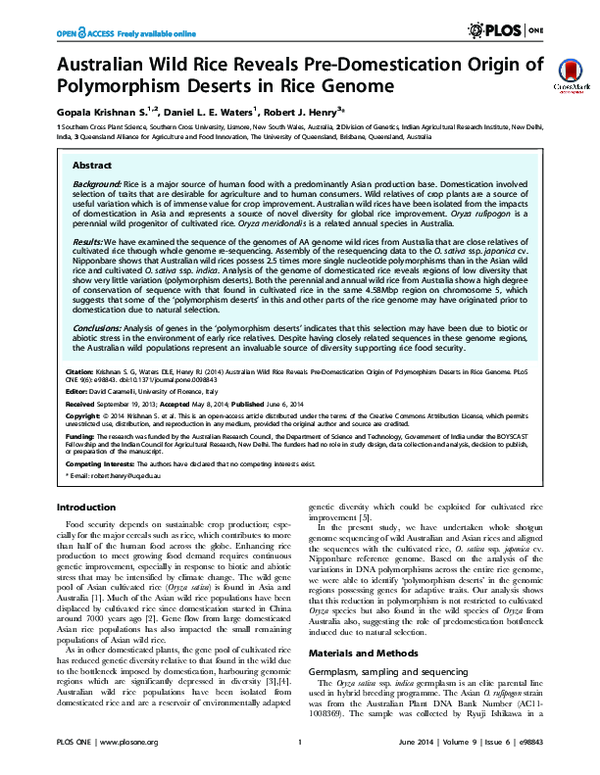 (PDF) Australian Wild Rice Reveals Pre-Domestication Origin of ...