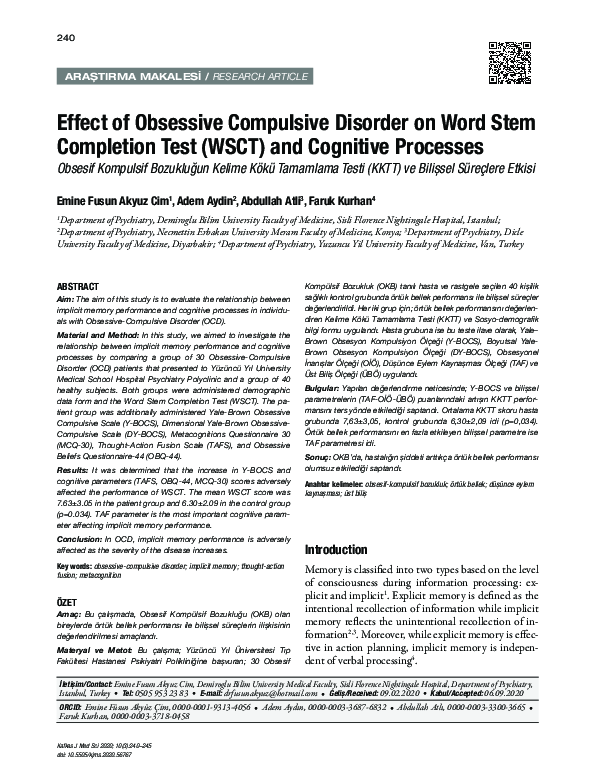 (PDF) Effect of Obsessive Compulsive Disorder on Word Stem Completion ...