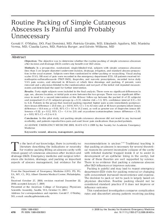 (PDF) Routine Packing of Simple Cutaneous Abscesses Is Painful and ...