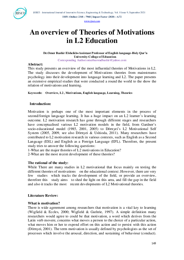 (PDF) An overview of Theories of Motivations in L2 Education | Omer ...