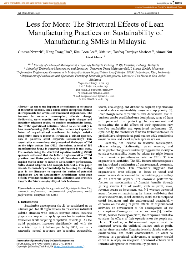 (PDF) Less for More: The Structural Effects of Lean Manufacturing Practices on Sustainability of ...