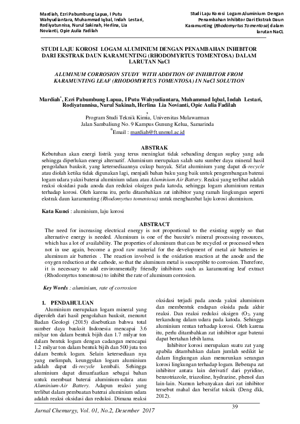 (PDF) Studi Laju Korosi Logam Aluminium dengan Penambahan Inhibitor ...