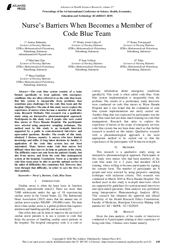 (PDF) Nurse’s Barriers When Becomes a Member of Code Blue Team