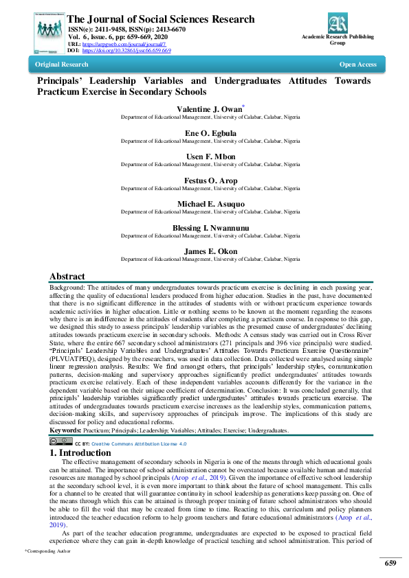 (PDF) Principals’ Leadership Variables and Undergraduates Attitudes ...