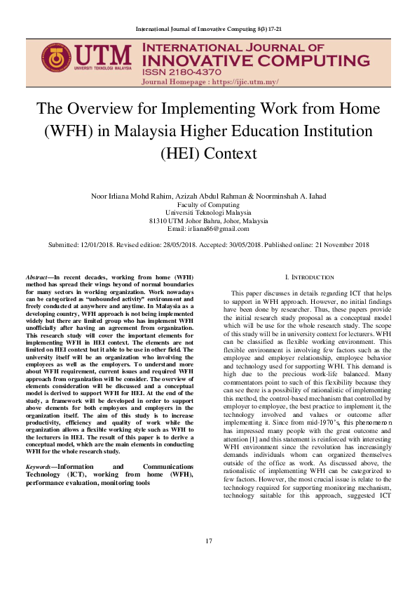 (PDF) The Overview for Implementing Work from Home (WFH) in Malaysia Higher Education ...