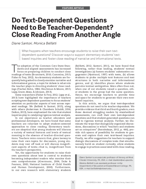 (PDF) Do Text-Dependent Questions Need to Be Teacher-Dependent? Close ...