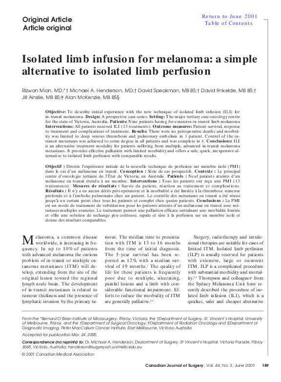 (PDF) Isolated limb infusion for melanoma: a simple alternative to ...