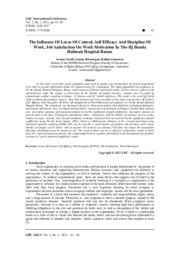 Pdf The Influence Of Locus Of Control Self Efficacy And Discipline Of Work Job Satisfaction