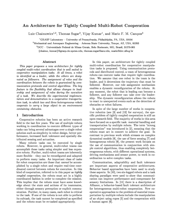 (PDF) An architecture for tightly coupled multi-robot cooperation