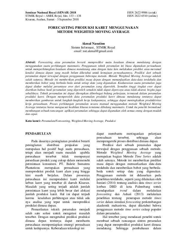 (PDF) Forecasting Produksi Karet Menggunakan Metode Weighted Moving Average