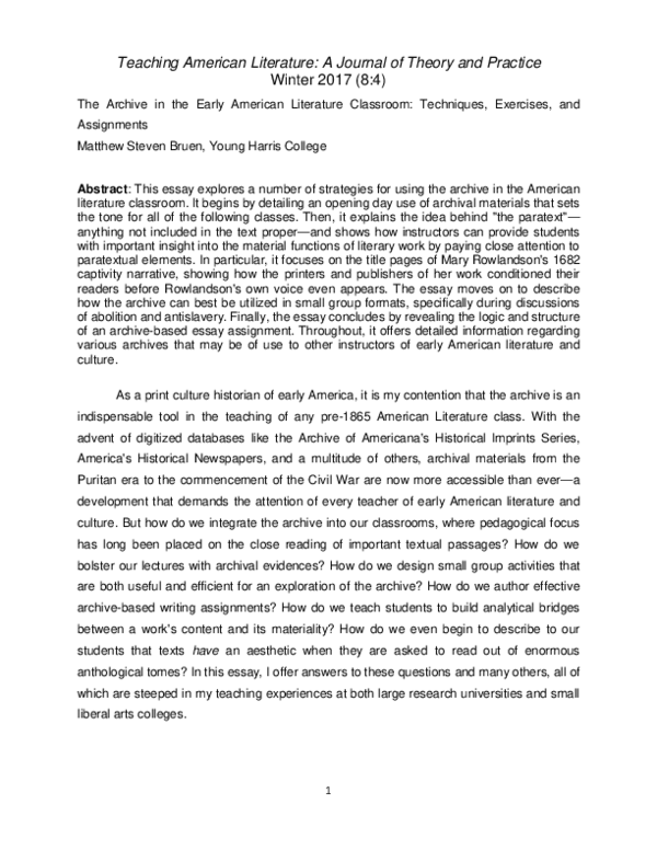 (PDF) The Archive in the Early American Literature Classroom ...