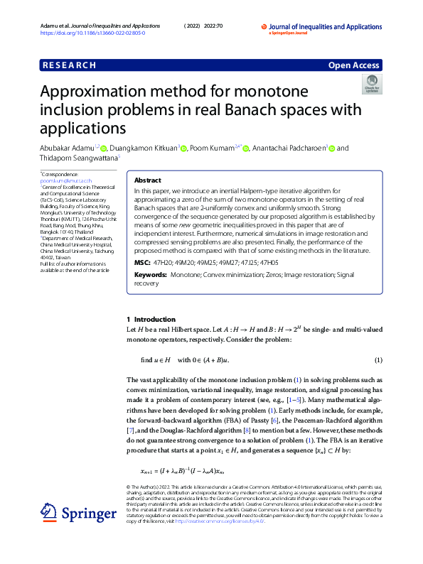 (PDF) Approximation method for monotone inclusion problems in real Banach spaces with applications
