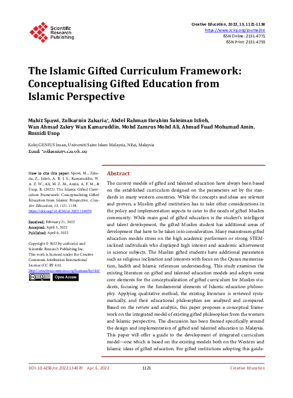 (PDF) The Islamic Gifted Curriculum Framework: Conceptualising Gifted ...