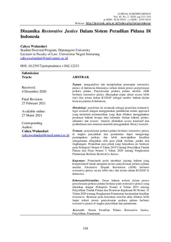 (PDF) Dinamika Restorative Justice Dalam Sistem Peradilan Pidana Di Indonesia