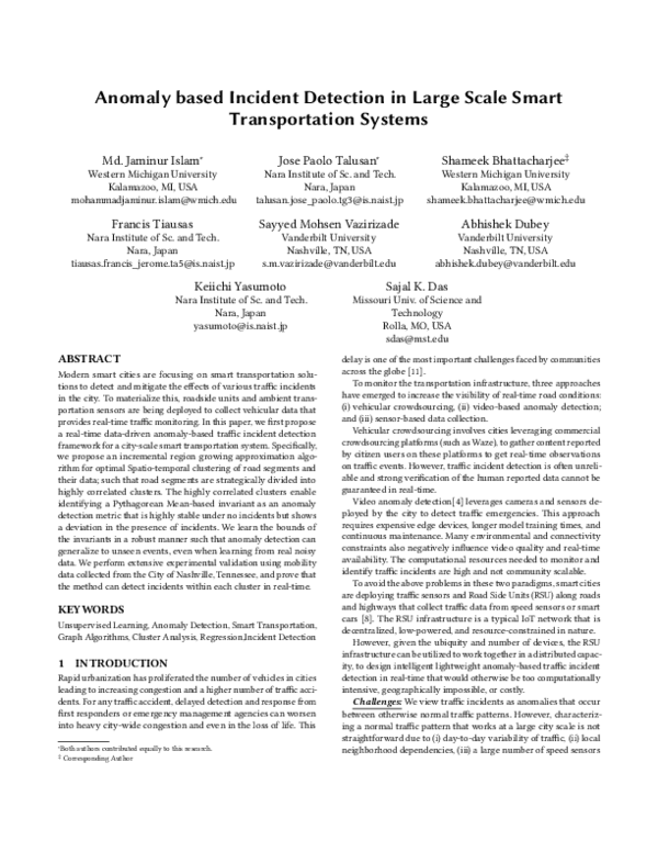 (PDF) Anomaly based Incident Detection in Large Scale Smart Transportation Systems