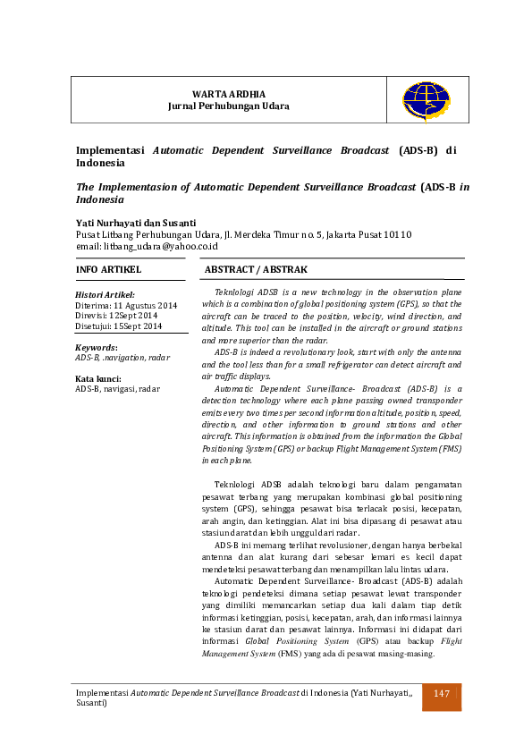 (PDF) Implementasi Automatic Dependent Surveillance Broadcast (ADS-B) di Indonesia