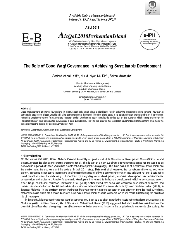(PDF) The Role of Good Waqf Governance in Achieving Sustainable Development