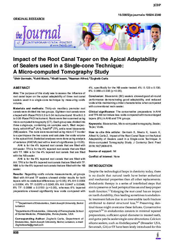 (PDF) Impact of the Root Canal Taper on the Apical Adaptability of Sealers used in a Single-cone ...