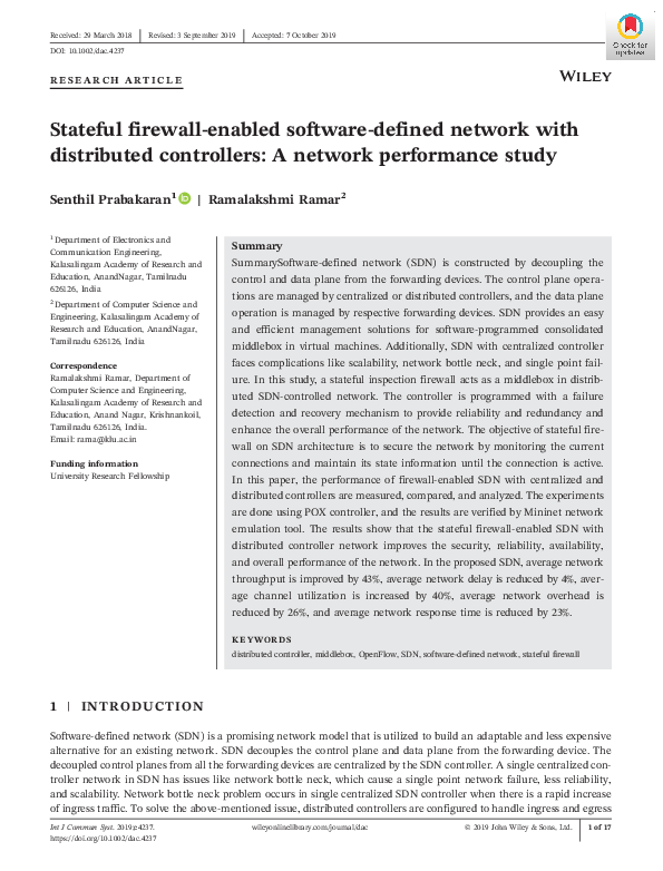 (PDF) Stateful firewall-enabled software-defined network with distributed controllers: A network ...