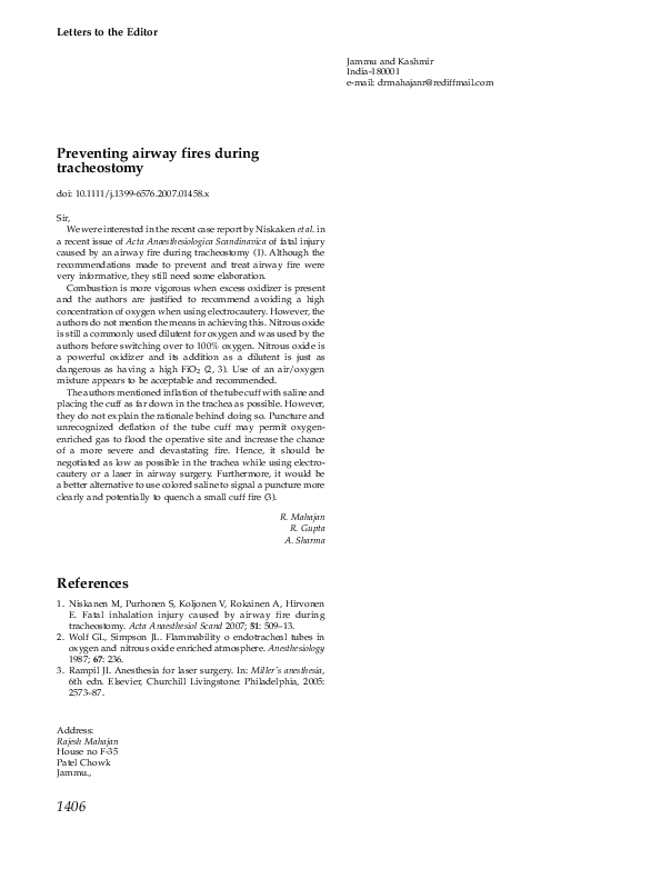 (PDF) Preventing airway fires during tracheostomy