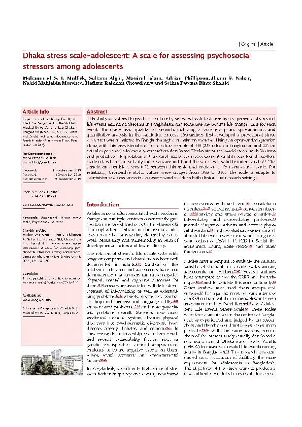 (PDF) Dhaka stress scale for adolescents: A scale for assessing ...