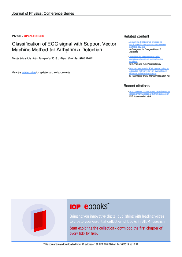 Pdf Classification Of Ecg Signal With Support Vector Machine Method For Arrhythmia Detection