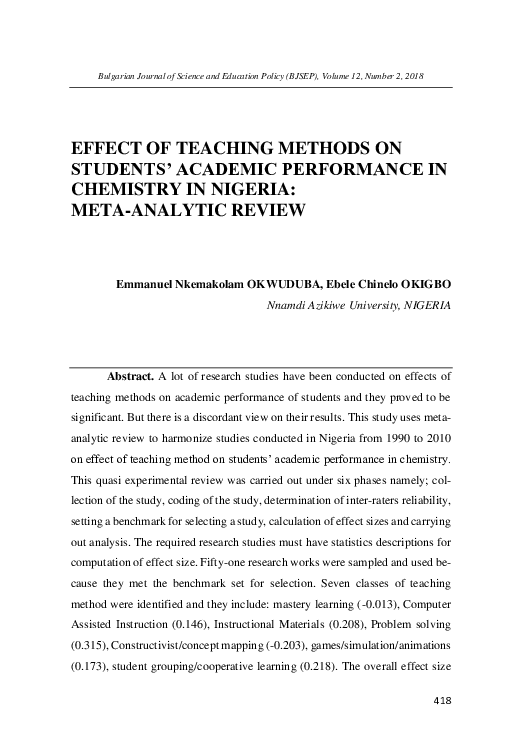 (PDF) Effect of Teaching Methods on Students' Academic Performance in Chemistry in Nigeria: Meta ...