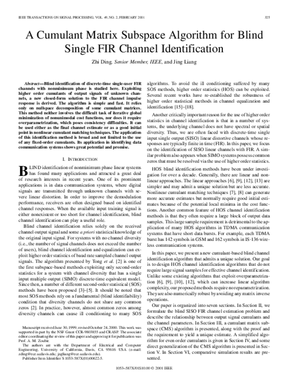 (PDF) A cumulant matrix subspace algorithm for blind single FIR channel identification