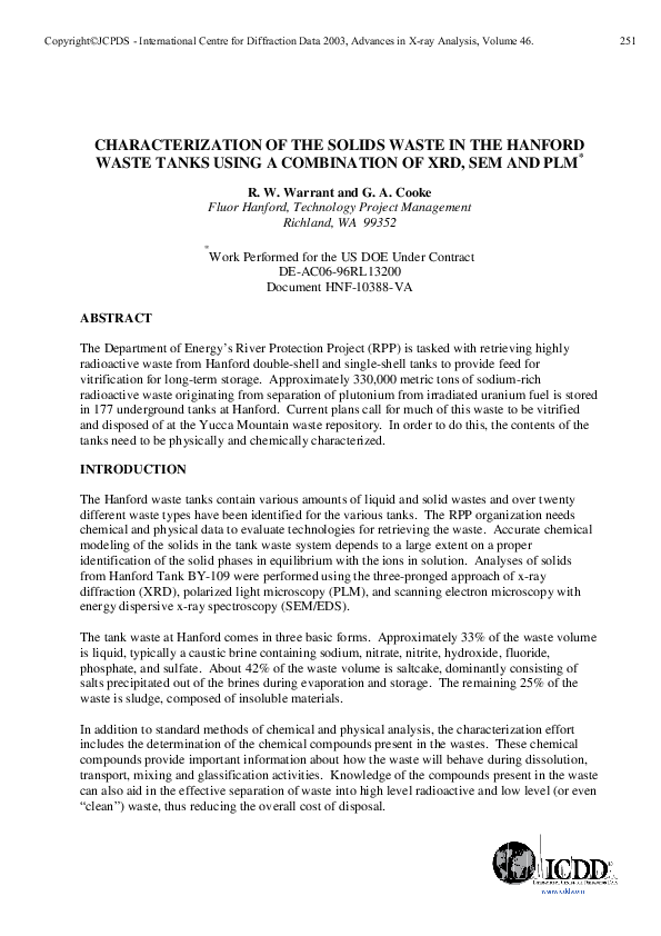(PDF) Characterization of the Solids Waste in the Hanford Waste Tanks ...